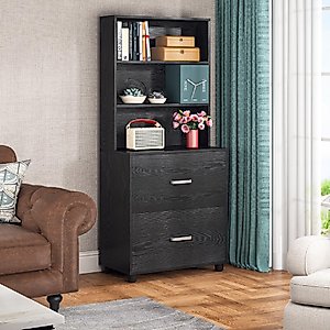 Tribesigns Vertical File Cabinet Modern Wood Filing Cabinet with 2 Large Drawer fit Letter/A4 Size, Large Printer Stand with 4 Open Storage Bookshelves for Home Office, Black