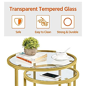 Yaheetech Round Nesting Side Table Stacking Coffee Table, Set of 2 Circular Modern End Tables w/Metal Frame & Tempered Glass Top & Protective Foot Pads for Small Space Living Room Bedroom Office