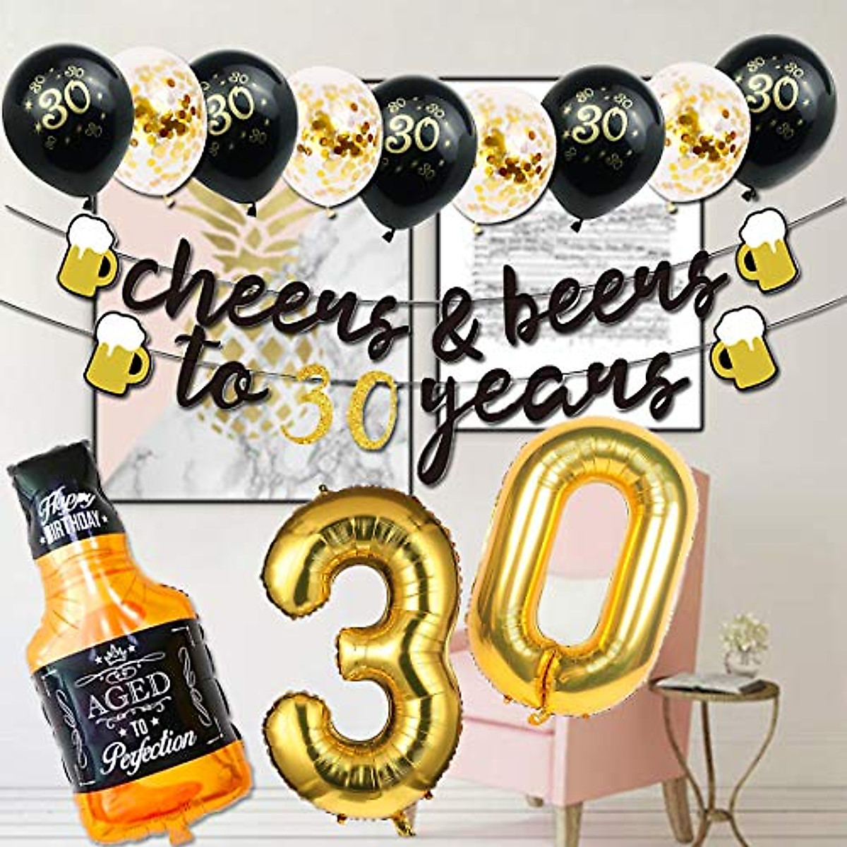 30th Birthday Decorations for Him, 30 Years Birthday Decorations with 40 Inch Gold Number Balloons, Banner, 30 Sign Latex Balloon, Fringe Curtains and Cups Foil Balloons