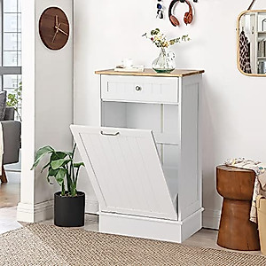 KIGOTY Tilt Out Trash Can Cabinet, Free Standing Kitchen Garbage Bin Holder with Hideaway Drawer and Countertop, Wooden Pet-Proof Recycling Trash Cabinet Laundry Hamper, White