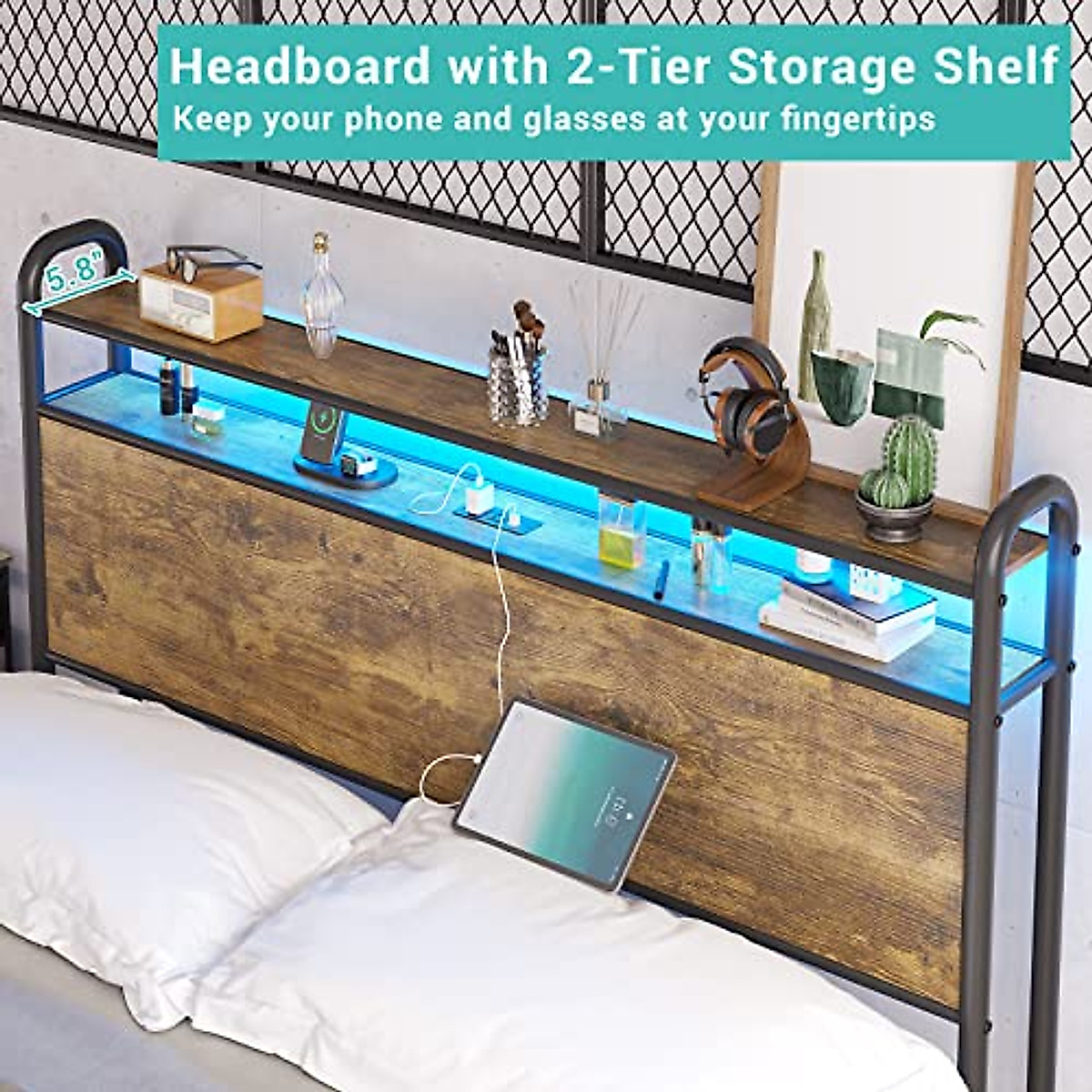 DICTAC Queen Bed Frame with Storage Headboard and Charging Station Led Bed Frame Queen Size with Headboard Storage,Metal Platform Bed Frame with LED Lights,No Box Spring Needed,Rustic Brown