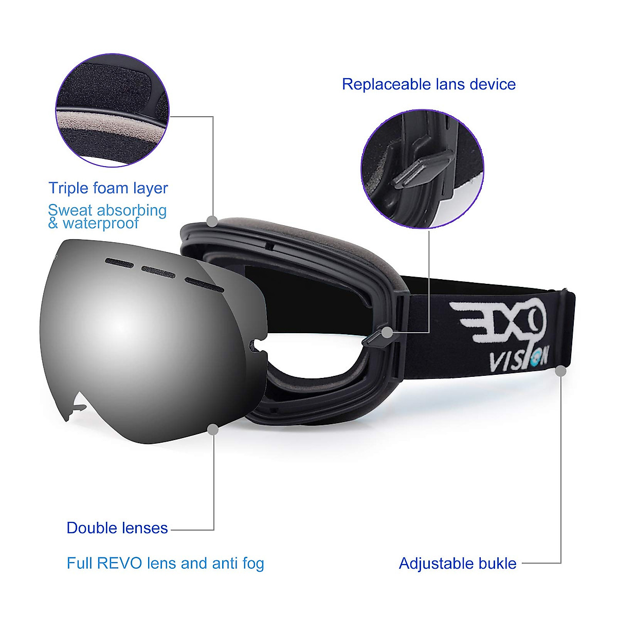 EXP VISION Snowboard Ski Goggles Men Women Youth, Anti Fog OTG Winter Snow Goggles Spherical Detachable Lens (Silver)