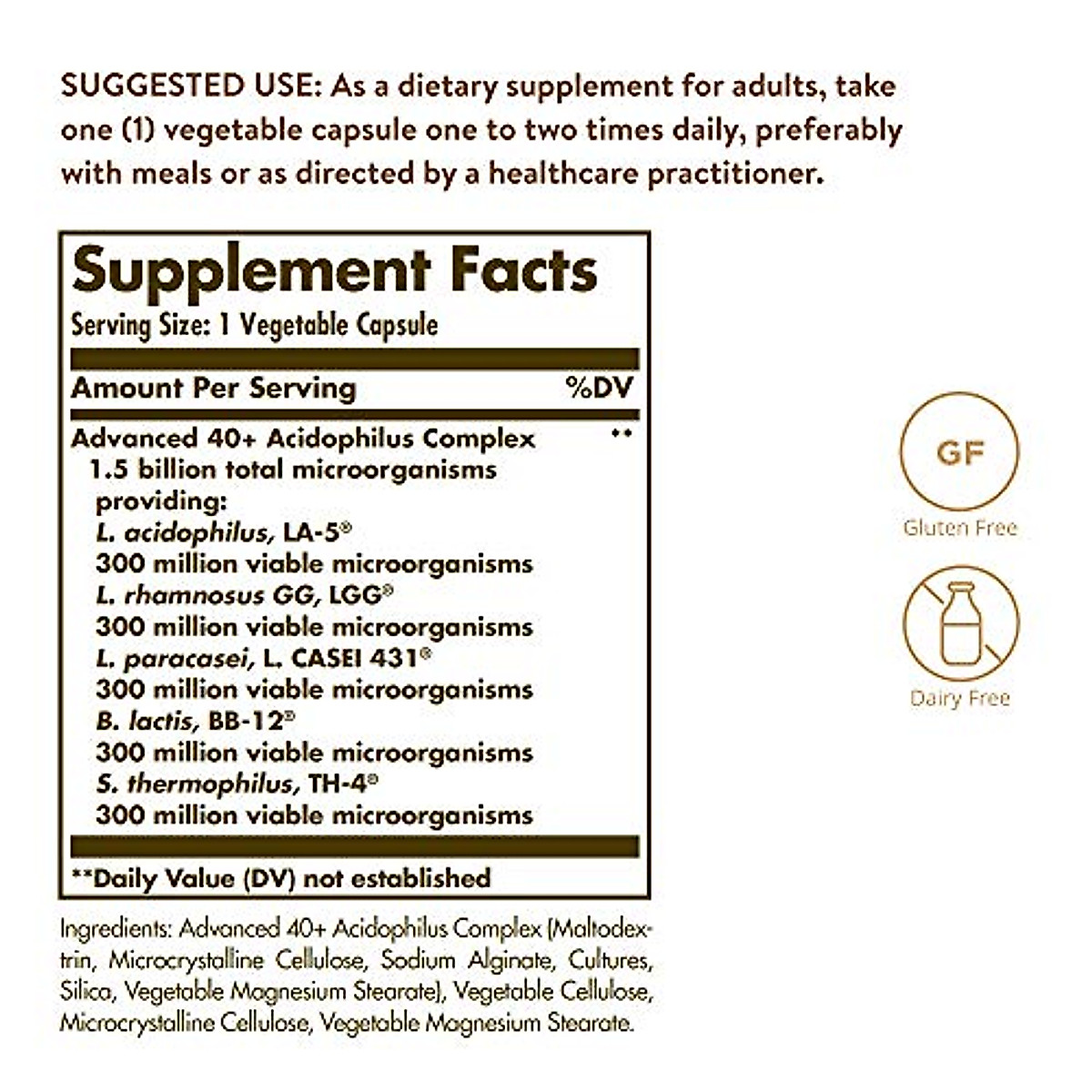 Solgar Advanced 40+ Acidophilus, 120 Vegetable Capsules - Supports Healthy Intestinal Flora - 1.5 Billion Microorganisms Per Serving - Gluten, Dairy, Lactose & Milk Free - Vegetarian - 120 Servings