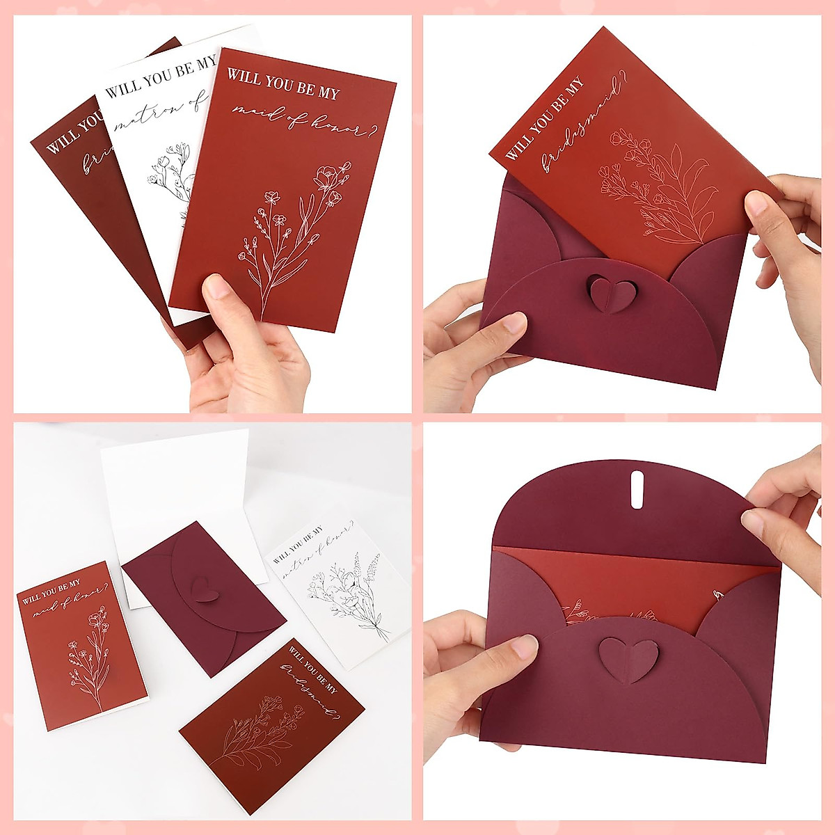 Eaezerav Bridal Shower Games Will You Be My Bridesmaid Cards with Envelopes, 16 Pcs Bride to Be Cards for Wedding Party Proposal (wine red)