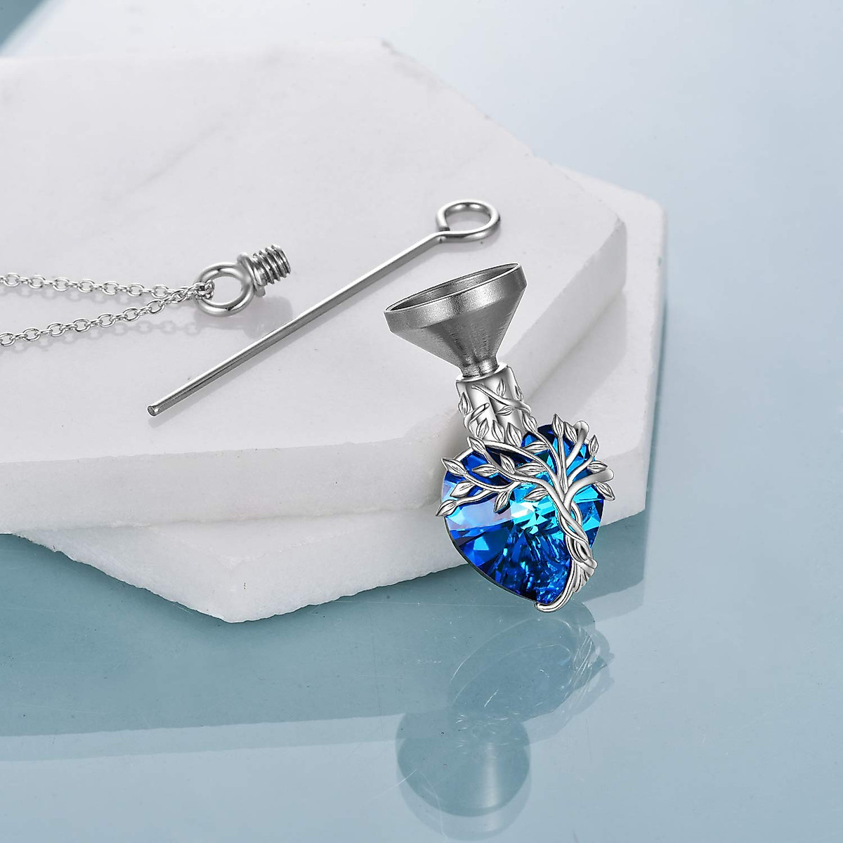 TOUPOP Heart Cremation Jewelry Sterling Silver with Blue Crystal Tree of Life Urn Necklace for Ashes w/Funnel Filler Jewelry Gifts for Women
