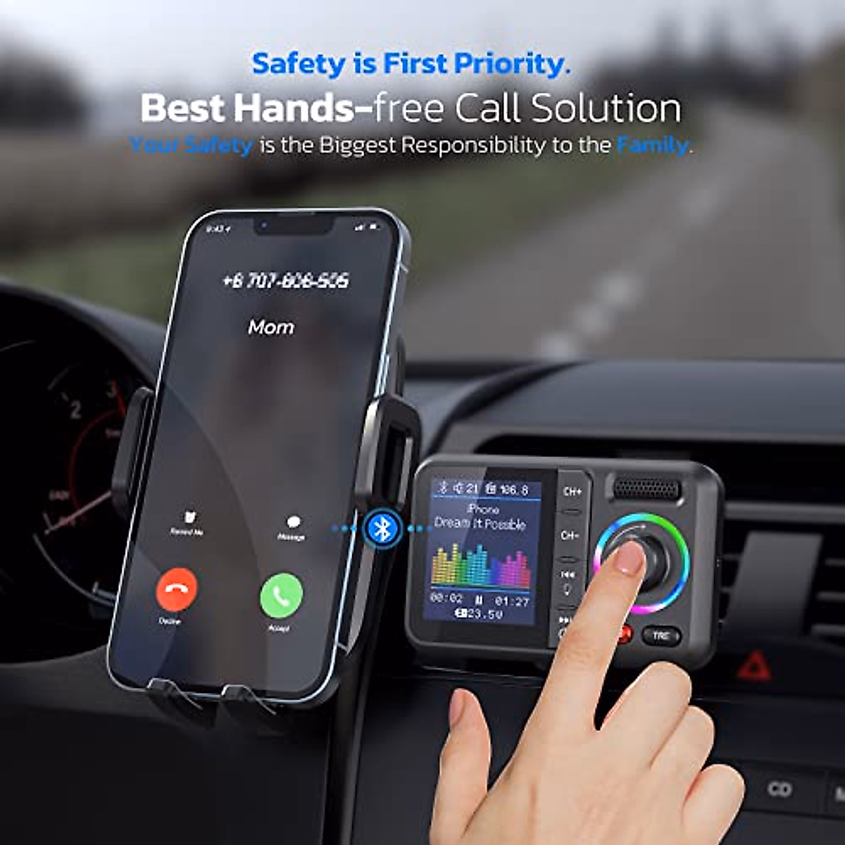 Nulaxy Bluetooth FM Transmitter for Car, Wireless Car Bluetooth Adapter V5.0 with Big Color Screen, Support Hands-Free Call, Siri&Google, MP3 Music Player BASS&TRE Booster, TF Card/AUX-KM28