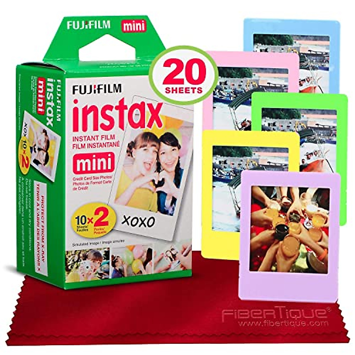 Fujifilm Instax Mini Instant Film (20 Sheets) for Fujifilm Instax Mini + 5 Picture Frames + FiberTique Cleaning Cloth (USA Warranty)