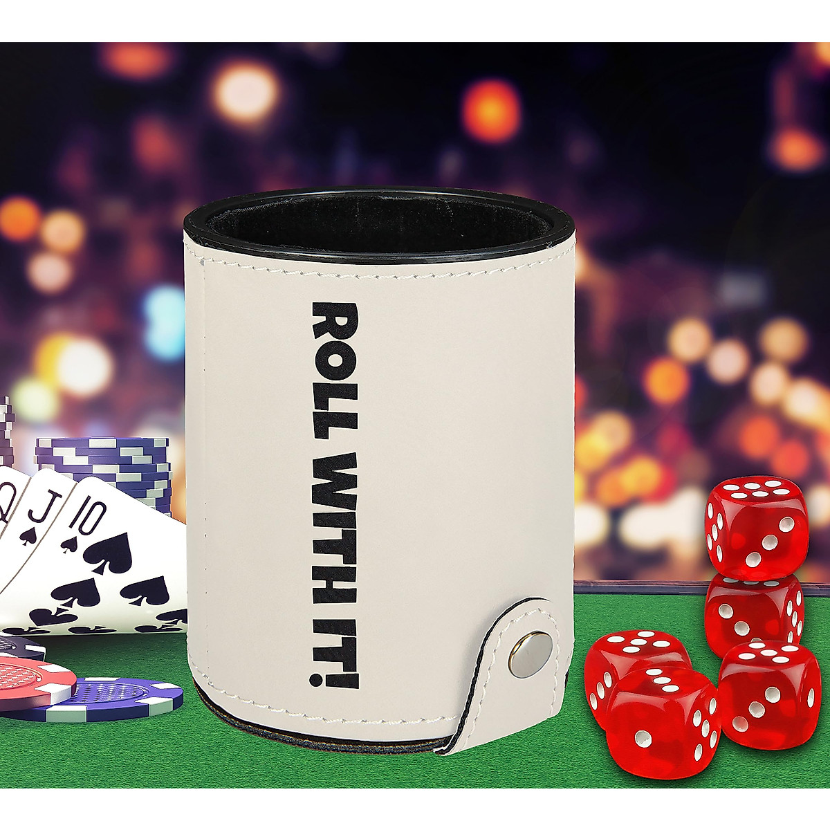 Personalized Set of Dice Cup with Storage Compartment Customized PU Leather Dice Cup with 5 Red Dice Custom Gift (Rustic/Gold)