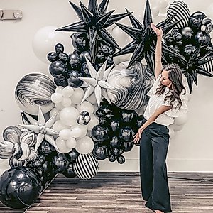 Woaipati 178 PCS Black and White Balloon Garland Arch Kit with Striped Balloons,4D Agate Balloons and Explosion Star Foil Balloons for Men or Women's Birthday,Wedding,Disco Party Decorations Supplies