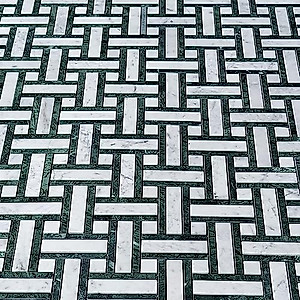Stone Center Online Carrara White Marble 1 inch Twine Basketweave Mosaic Tile w/Indian Green Honed Kitchen Bath Wall Floor Backsplash Shower (1 Sheet)