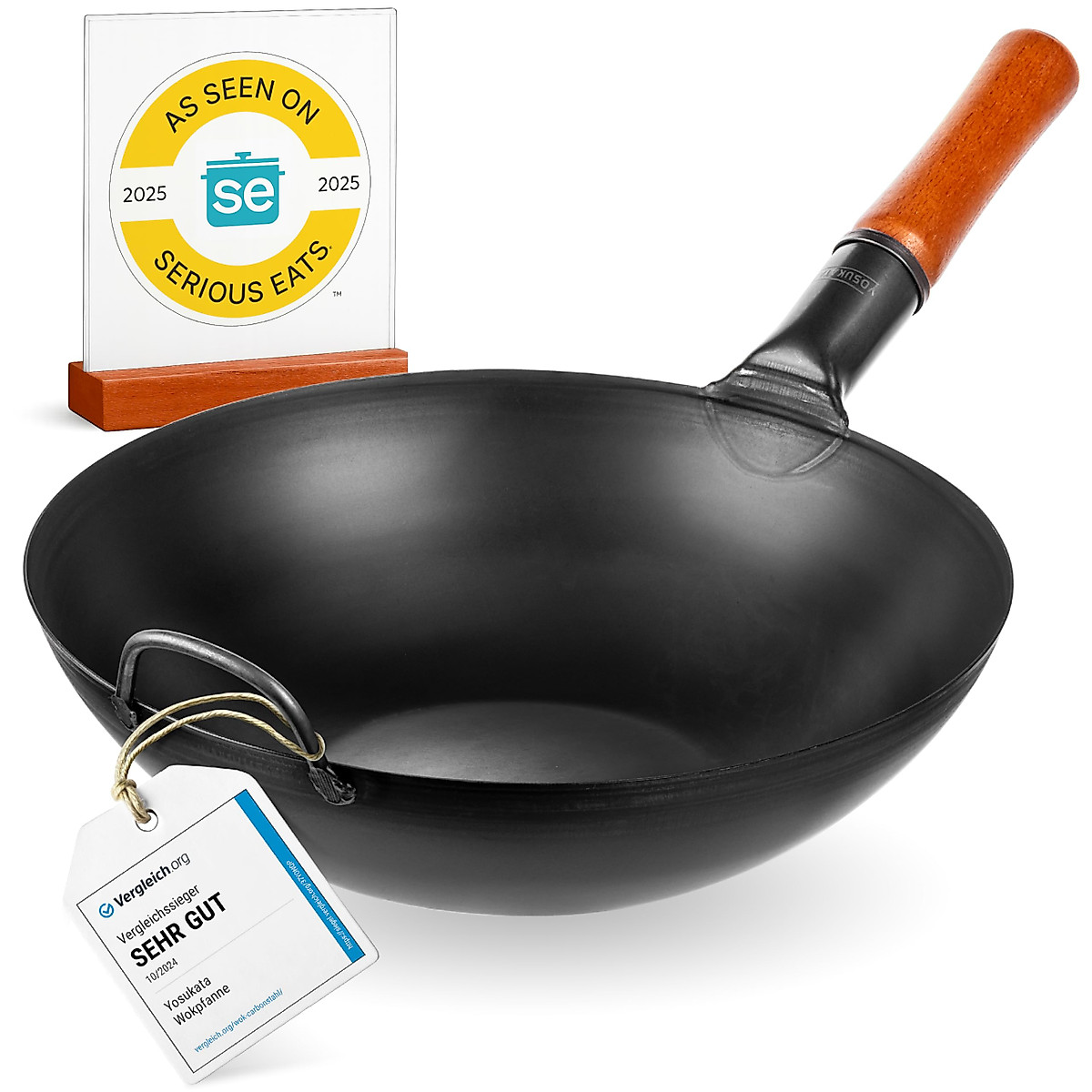 YOSUKATA Carbon Steel Wok Pan – 13,5 “ Woks and Stir Fry Pans - Chinese Wok with Flat Bottom Pow Wok - Traditional Chinese Japanese Woks - Black Steel Wok