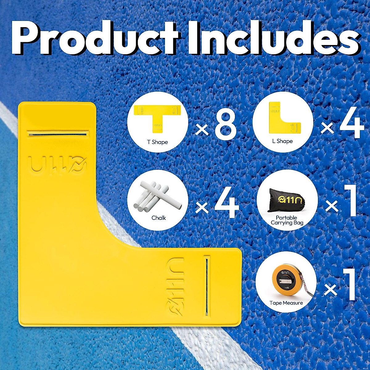 A11N Pickleball Court Marking Kit - Throw Down Markers with Tape Measure, Chalk and Carrying Bag, Yellow