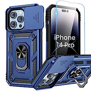 Goton for iPhone 14 Pro Case with Screen Protector - Slide Camera Cover Phone Case with Ring Stand, Heavy Duty Military Grade Shockproof Rugged Bumper for iPhone 14 Pro Accessories Blue
