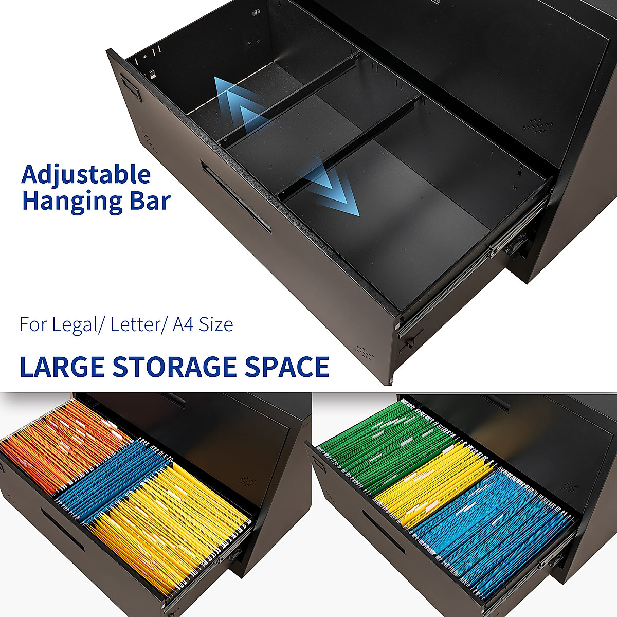 GREATMEET 2 Drawer Lateral File Cabinet with Lock,Heavy Duty Metal Lateral File Cabinet,35.43''L * 17.72''D * 28.70''H, for Legal Letter Files,Disassemble,Black (2 Drawers)