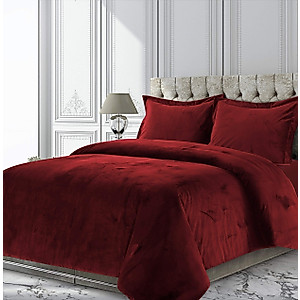 Opulence Bedding 3Pcs Velvet Lush Duvet Cover Set (1 Duvet Cover + 2 Pillowcases) Complete Bedding Set (Cal-King, Burgundy)