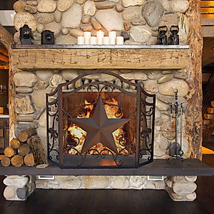 BestGiftEver 3-Panel Fireplace Screen Decorative with Stars & Scrolls Detail - Stand Alone Fireplace Cover Metal Mesh Screen - Home Decor for Cabin, Lodge, and Rustic Country Style Firescreen