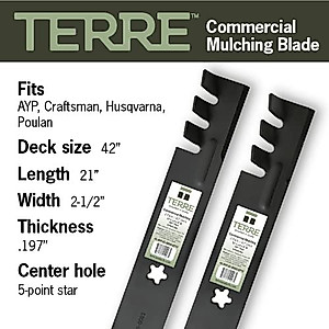 Terre Products, 2 Pack Mulching Lawn Mower Blades, 42 Inch Deck, Compatible with Craftsman, Husqvarna, Poulan, Replacement for 134149, 138971, 138498, 127843, 532138971, 532138498, PP24003