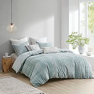 INK+IVY 100% Cotton Comforter Set Trendy Stripe Textured Design, Modern Down Alternative, All Season Cozy Bedding with Matching Shams, Full/Queen, Aqua Reversable Stripes