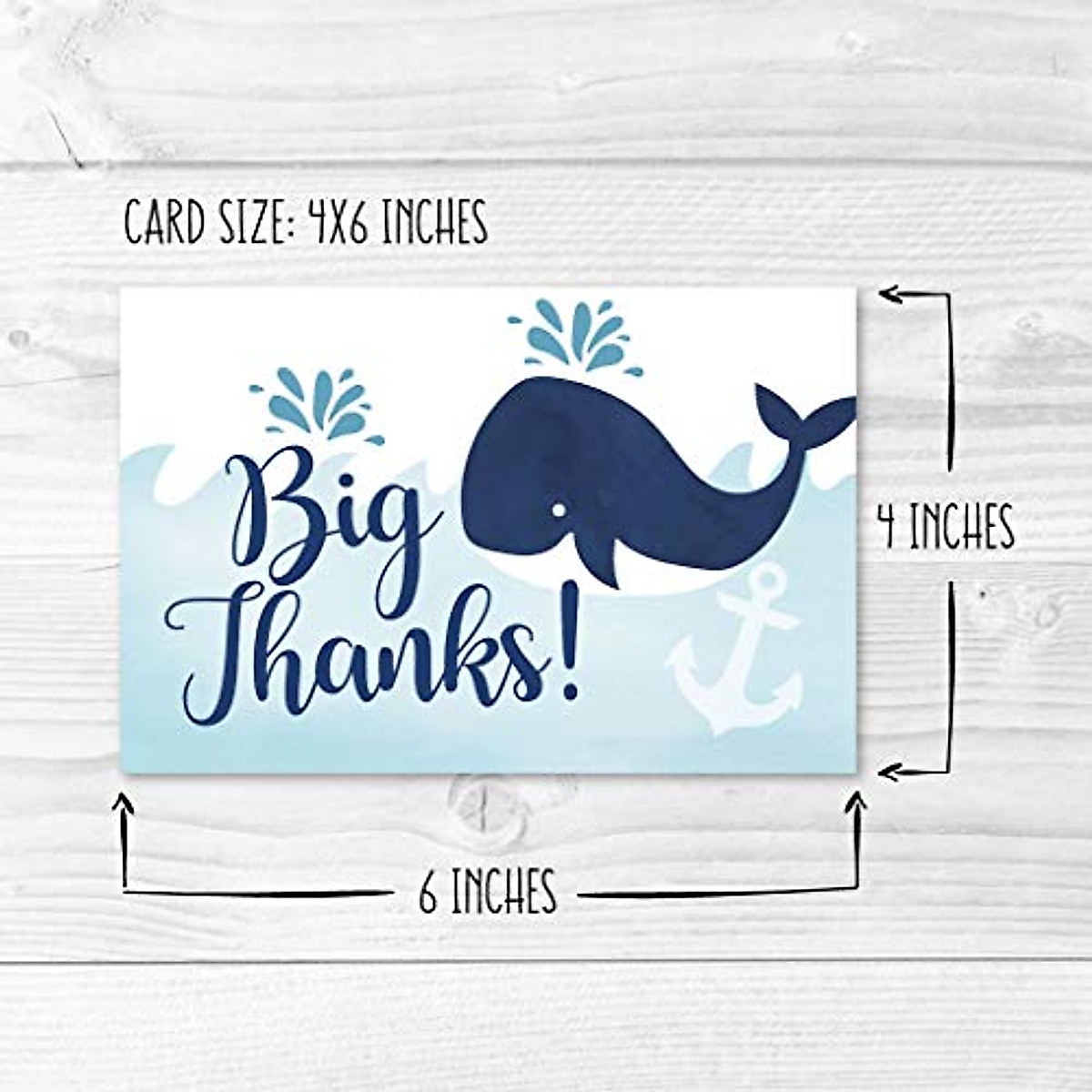 24 Blue Whale Baby Shower Thank You Cards With Envelopes, Kids Thank-You Note, 4x6 Gratitude Card Gift For Guest Pack For Party, Birthday, Boy or Girl Children, Cute Beach Nautical Event Stationery