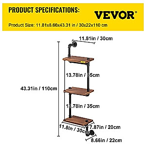 VEVOR Industrial Pipe Shelving, Pipe Shelves with 3-Tier Wood Planks, Rustic Floating Shelves Wall Mounted, Wall Shelf DIY Bookshelf for Bar Kitchen Bathroom Farmhouse Living Room, 9x12x43 inch