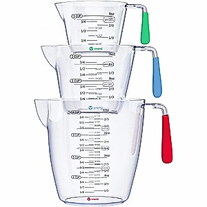 Vremi 3 Piece Plastic Measuring Cups Set - BPA Free Liquid Nesting Stackable Measuring Cups with Spout and Decorative Red Blue and Green Handles - includes 1, 2 and 4 Cup with Ml and Oz Measurement