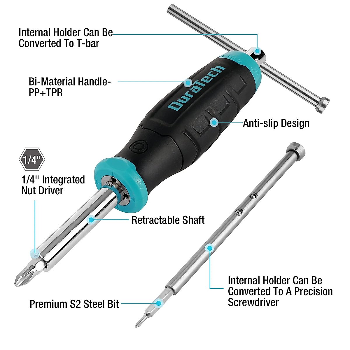 DURATECH Multi-bit Screwdriver Set, 18-in-1 Screwdriver with T-bar and Precision Screwdriver Stored in Shaft, Phillips/Slotted/Torx/Square, Professional All in One Tool Kit for Repairing