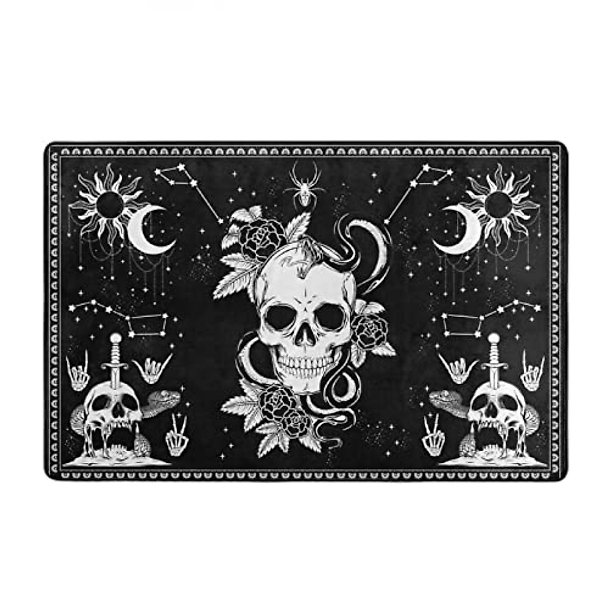 Skull Black and White Snake Moth Skeleton Mandala Moon Star Pattern Area Rug Rugs Non-Slip Floor Mat Doormats Living Dining Room Bedroom Dorm 60 x 39 inches inches Home Decor