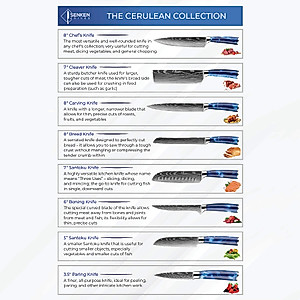 SENKEN 8-Piece Japanese Knife Set with Blue Resin Handle and Laser Damascus Pattern - Cerulean Collection - Chef's Knife, Santoku Knife, Bread Knife, Paring Knife, & More, Extremely Sharp Blades