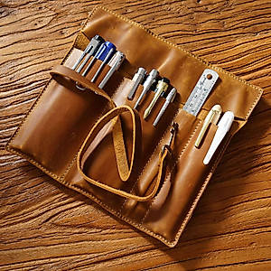 Acrecean Retro Genuine Leather Pencil Case, Rollup Pen, Pencil Pouch Wrap Foldable Tool, Pencil Storage Case for Adult Men & Women Office Work (Brown)