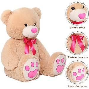Tezituor Big Teddy Bear Stuffed Animal, Giant Teddy Bear with Pink Love for Girlfriend Boyfriend Kid, Large Stuffed Bear Plush for Valentines Day/Birthday/Baby Shower, 36 inches Tan