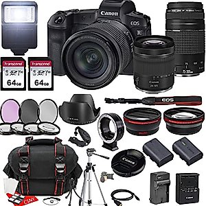 Canon EOS R Mirrorless Camera w/RF 24-105mm f/4-7.1 is STM Lens + EF 75-300mm f/4-5.6 III Lens + 2X 64GB Memory + Hood + Case + Filters + Tripod + More (35pc Bundle)