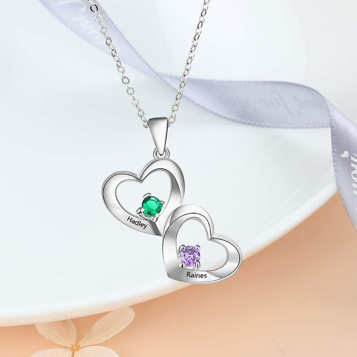 Personalized 2 Names Sterling Silver Necklace with 2 Simulated Birthstones Couple Engraved Love Heart Pendant Promise Necklace for Women