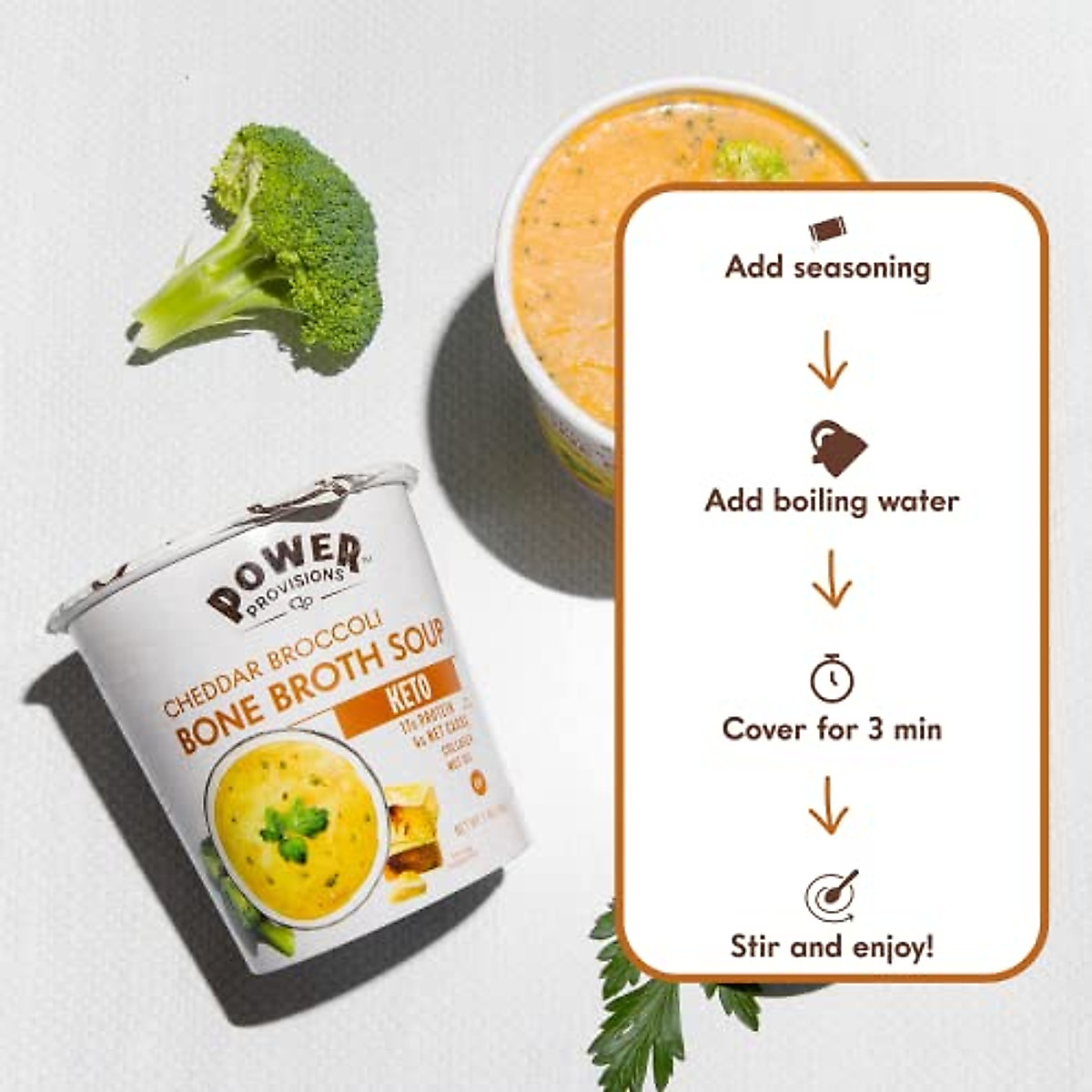 Power Provisions Cheddar Broccoli Bone Broth Soup Cups - Keto Instant Soup Cup - Collagen Infused with 17g of Protein - Gluten-Free Soup - 1.2 oz. - Pack of 1