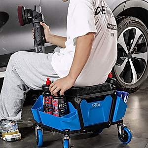 SGCB Automotive Mobile Rolling Mechanics Stool - Heavy Duty Roller Creeper Seat Soft Rubber Cushion Brake Wheels Storage Drawers Tray Roller Seat for Home DIY Garage Car Detail, 330lb Load Bear