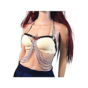 Ludress Punk Layered Chest Chain Black Leather Bar Chain Rave Cricle Body Chain Ring Vest Harness Body Jewelry Cospaly Nightclub Accessory for Women