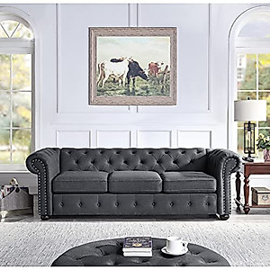 Corvus Aleksis Tufted Chesterfield 3-Seater Sofa with Rolled Arms Dark Grey Wood, Fabric Nailheads, Removable Cushions