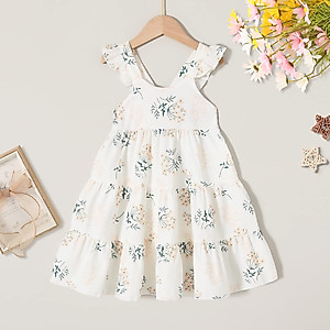 YOUNGER TREE Toddler Baby Girls Infant Clothes Floral Flutter Sleeve Princess Dress Summer Cotton Line Skirts for Girls(4-5T,White Floral)