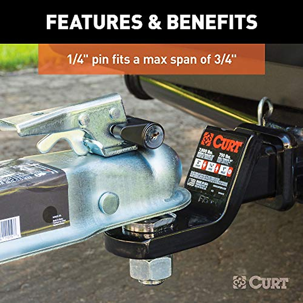 CURT 23521 Black Trailer Tongue Coupler Lock, 1/4-Inch Pin Diameter, Up to 3/4-Inch Span