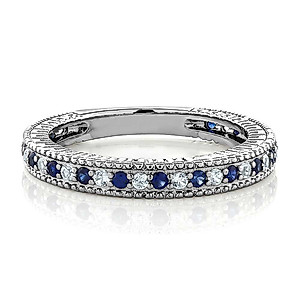 Gem Stone King 925 Sterling Silver Blue and White Created Sapphire Ring | Ladies Anniversary Wedding Band Ring For Women | 0.48 Cttw | Available In Size 5, 6, 7, 8, 9