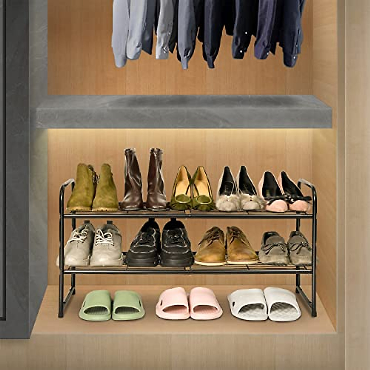 GEORIS Stackable 2-Tier Shoe Rack, Space-Saving Wide 15-Pairs Shoe Shelf Organizer for Closet, Entryway, Hallway, Black