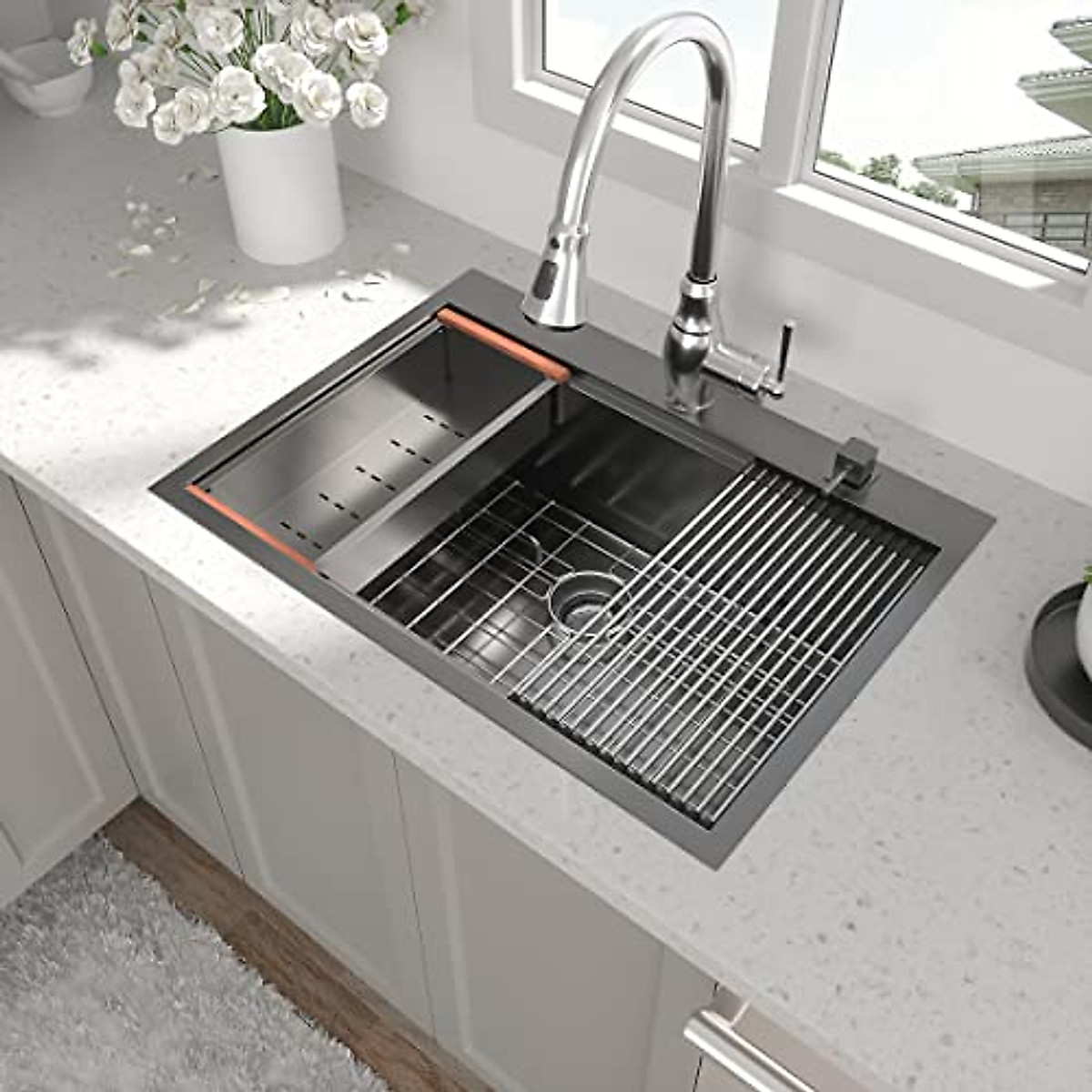 Beslend 28 Black Drop In Workstation Kitchen Sink - 28"x22"x10" Gunmetal Black Stainless Steel Topmount 16 Gauge 10 Inch Deep Sink