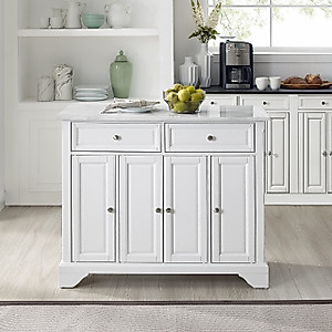 Crosley Furniture Avery Rolling Kitchen Island Storage Cart with Shelves, Microwave Stand, Coffee Bar, Distressed White
