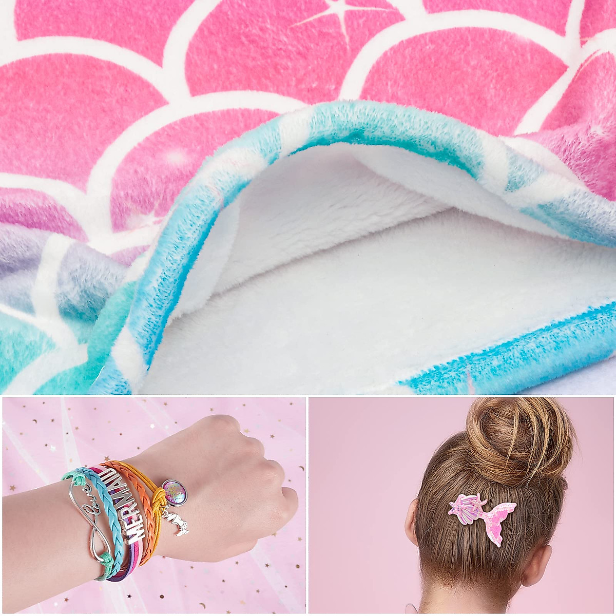 WERNNSAI Mermaid Tail Blanket - Wearable Mermaid Soft Blanket with Hairpin and Bracelet for Girls Kids Rainbow Soft Flannel Snuggle Blanket 55’’ x 24’’ Gift for Birthday Christmas