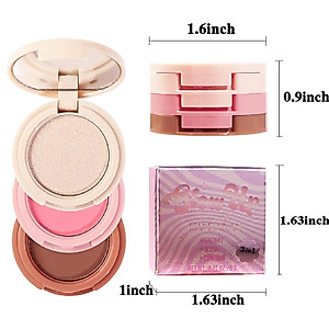 MEICOLY 3-in-1 Compact Powder Blush Highlighter Contour Makeup Set,Silky Smooth Face Blush Cheek Tint,Moisturizing Face Luminizer Bronzer for Women,Trio Eyeshadow Powder Makeup,Medium