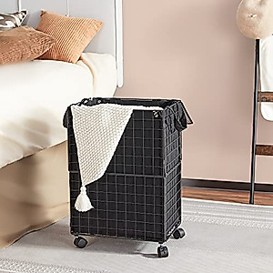 ELYKEN Laundry Hamper with Lid and Wheel, Rolling Metal Wire Frame Dirty Clothes Basket for Small Bathroom, 61L Capacity Liner Bag with Handle, Heavy Duty Steel Cover Bedroom Organizer Black