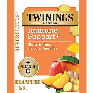 Twinings Superblends Immune Support+ Herbal Tea with Vitamin C, Ginger & Mango Flavoured Green Tea, 16 Tea Bags (Pack of 6), Enjoy Hot or Iced