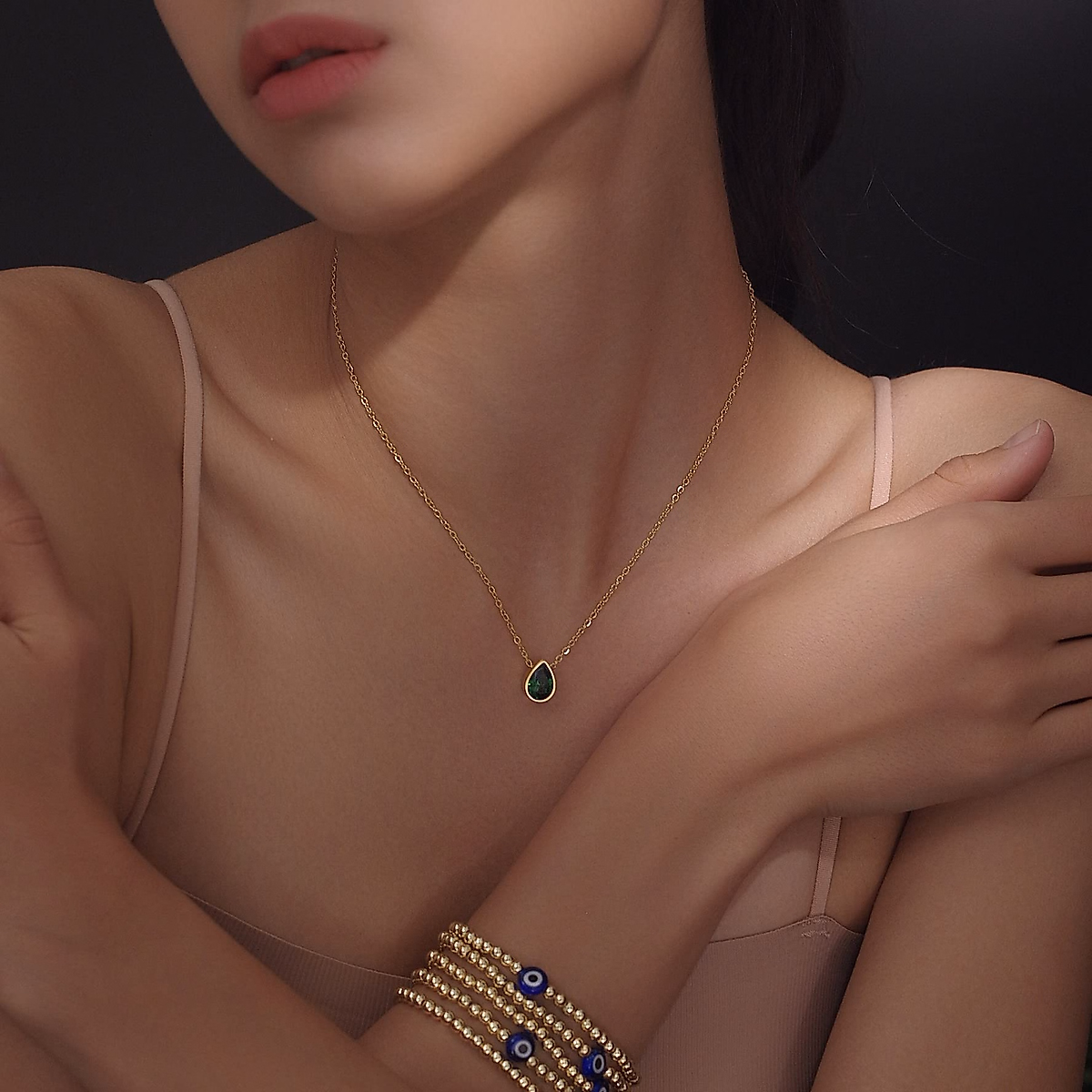 Badu 18K Gold Green Created Gemstones 7x10mm teardrop Necklace for Women Solitaire Cubic Zirconia Jewelry Mothers Day Anniversary Birthday Gifts for Mom Wife Her