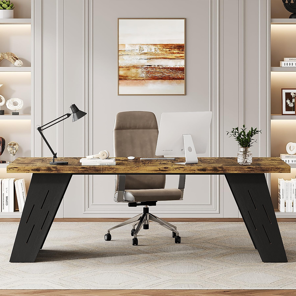 Condemo 70 Inch Executive Office Desk, Large Computer Desk Workstation, Modern Simple Computer Table Study Writing Desk, Business Furniture for Home Office, Brown and Black