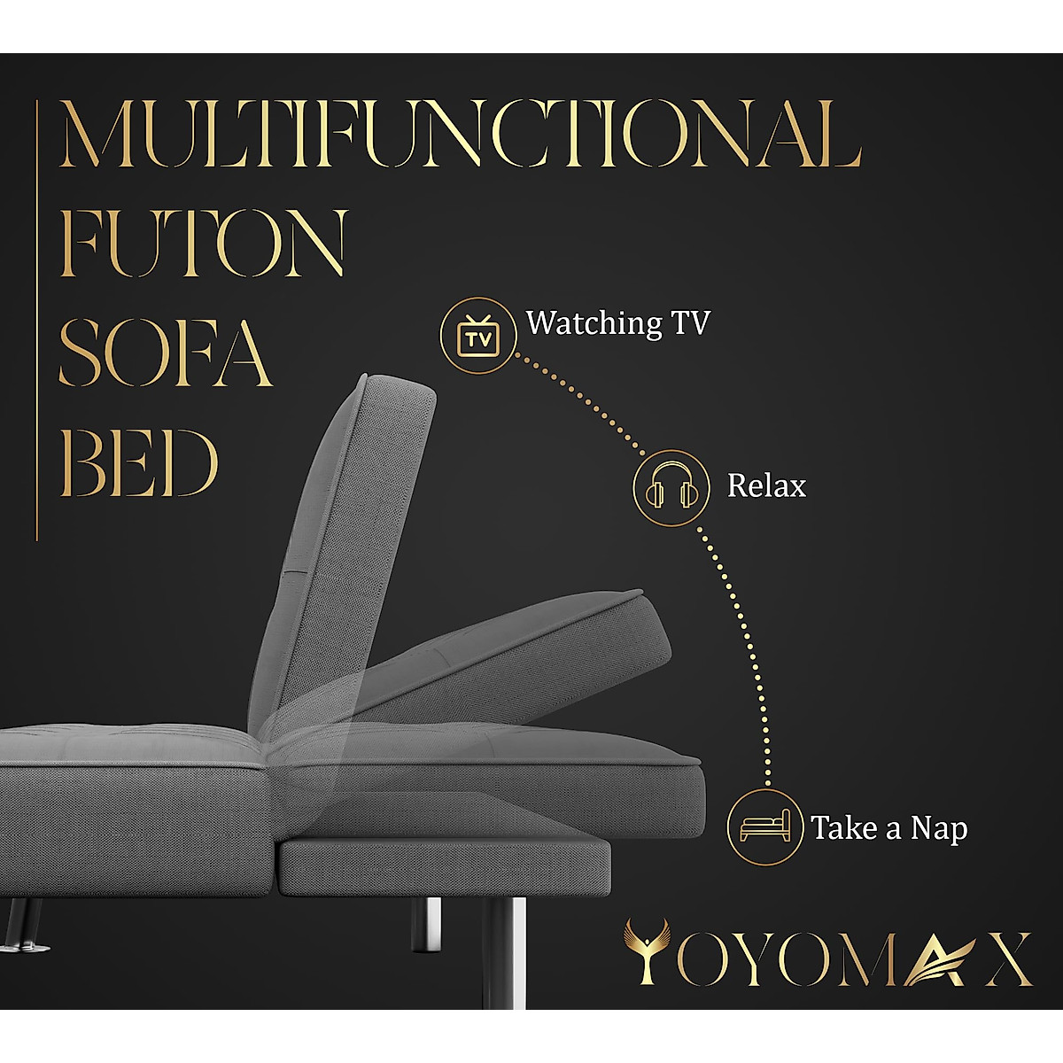 yoyomax Futon Sofa Bed, Adjustable Modern Convertible Sofa Bed Couch - Breathable Fabric Folding Sofa Bed Easy to Clean-Ideal for Bedroom, Living Room and Office-Compact Design for Spacing Saving-Grey