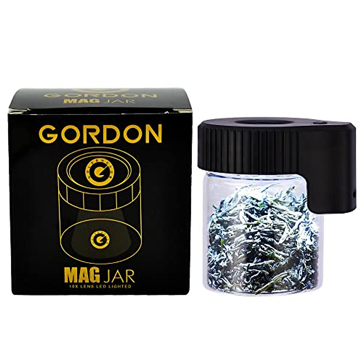 GORDON Magnifying Viewing Jar With LED Light, Transparent Light-Up Glass Storage Stash Jar With Mag Lid, Airtight, Smell Proof (Black)